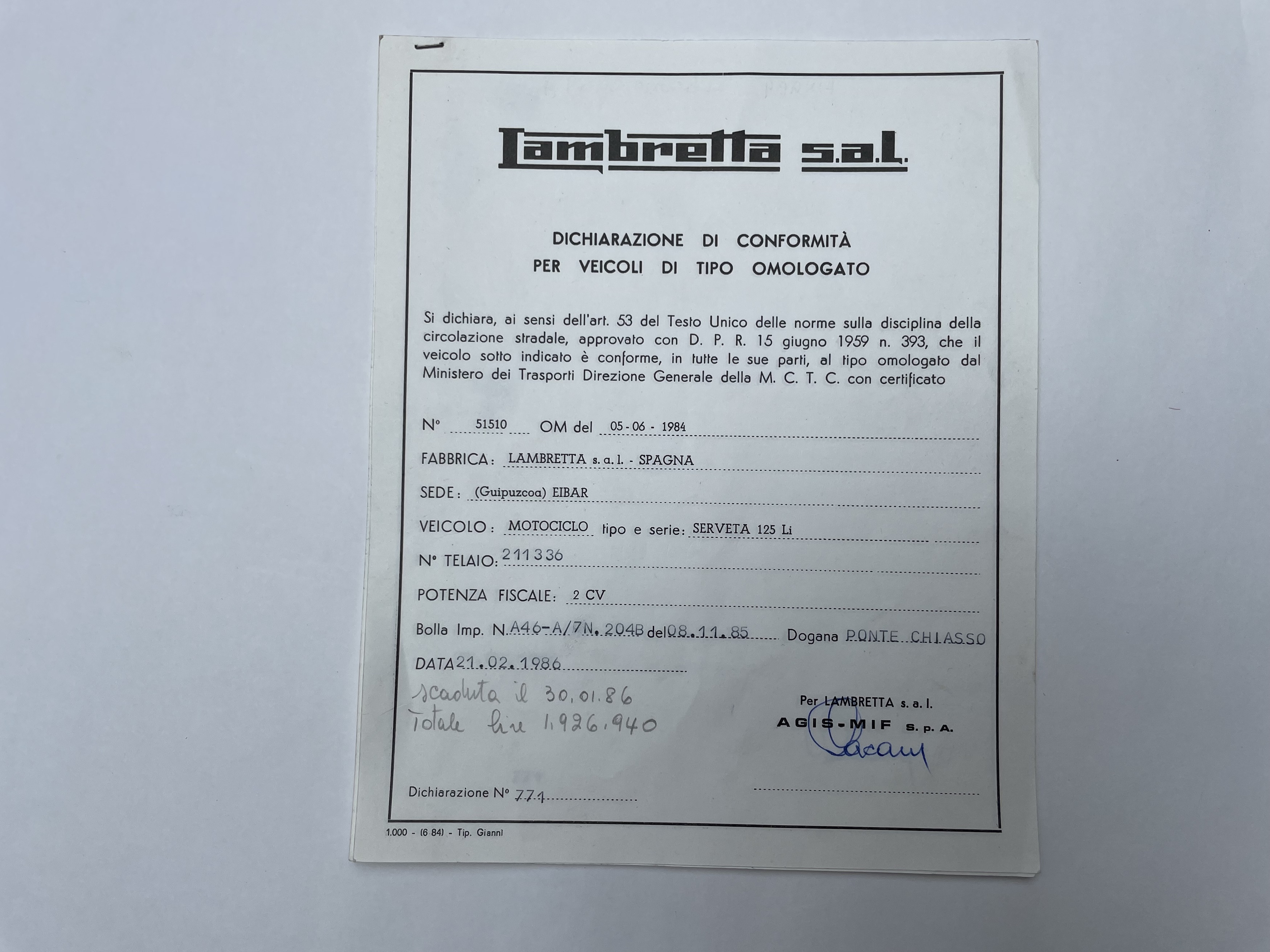 Lot 19 - 1984 Lambretta Serveta Li125